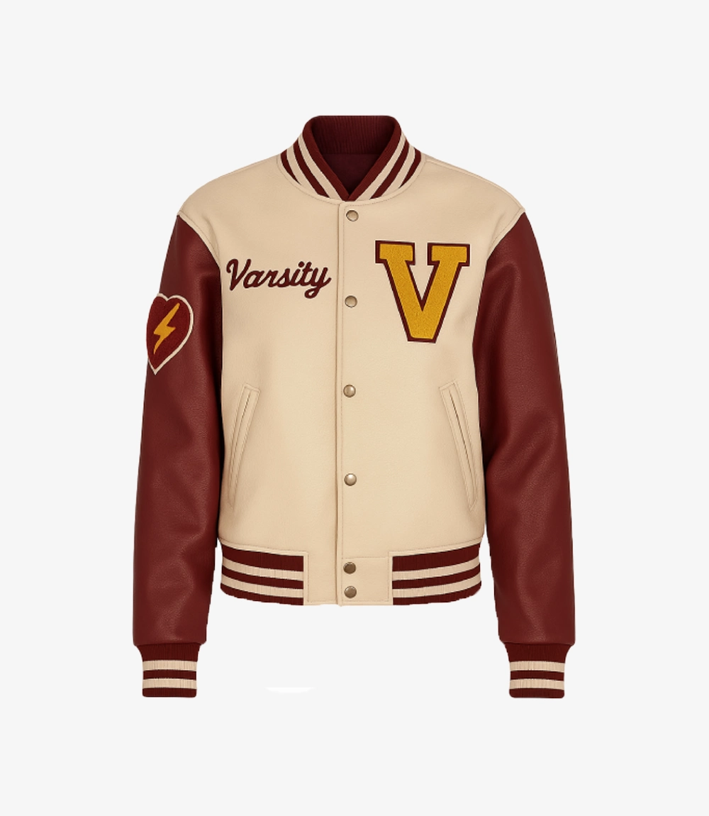 Unisex Beige ‘V’ Patch Wool Varsity Leather Jacket